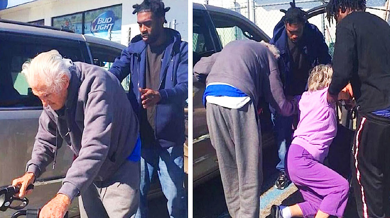 3 Guys Sprint Out Of The Gas Station Towards an Old Married Couple ...